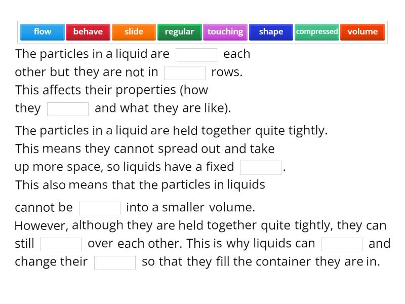 Particles and properties in liquids - Complete the sentence