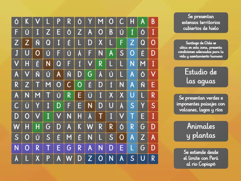 Zonas naturales de Chile - Sopa de letras