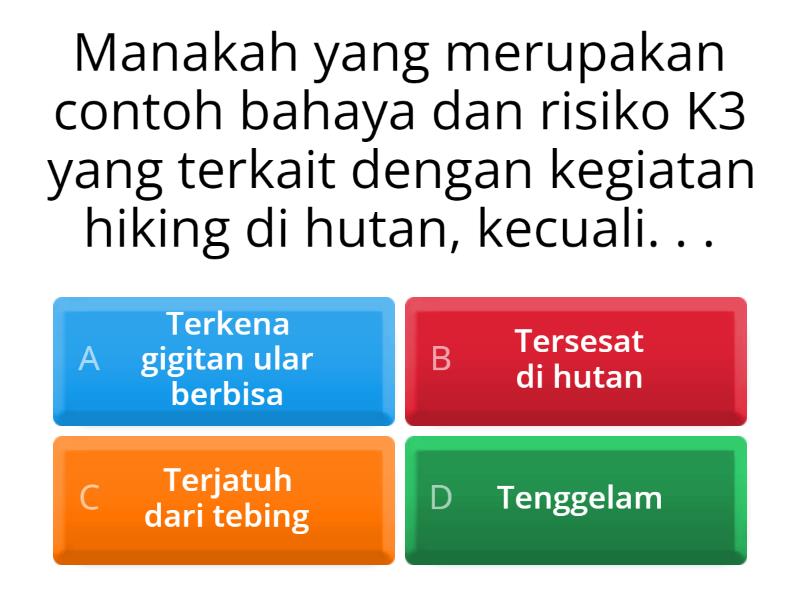 Jenis-jenis bahaya dan risiko K3 yang terkait dengan ekowisata 2.5 - Quiz