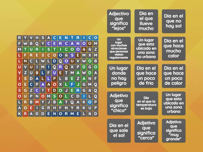 Adjetivos para describir el tiempo, lugares - Sopa de letras
