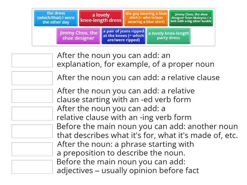 NOUN PHRASES We make noun phrases by adding information before and ...