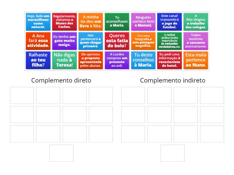 Complemento direto e indireto - Classificação em grupos
