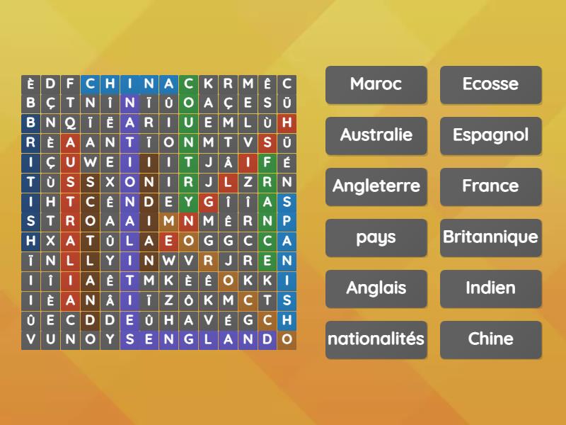 Pays et nationalités ( 6èmes) - Wordsearch