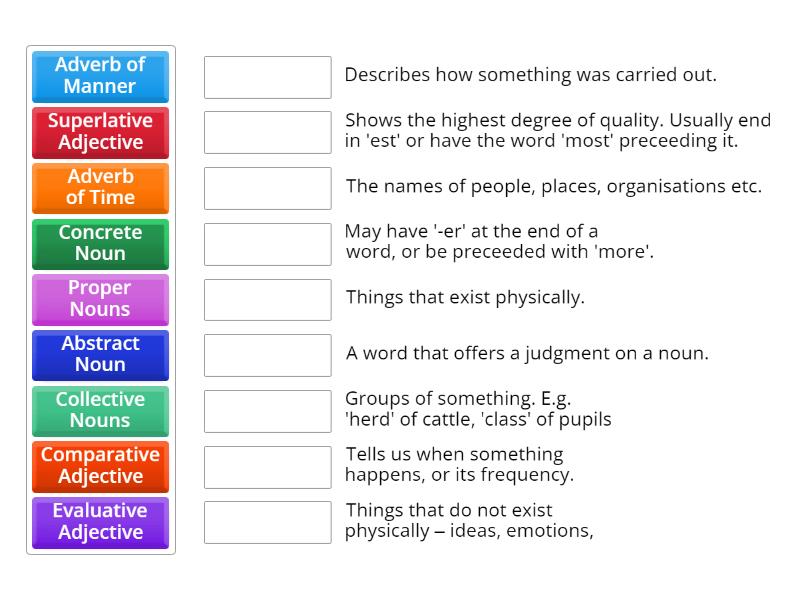 Adjectives, Adverbs and Noun classes - Match up