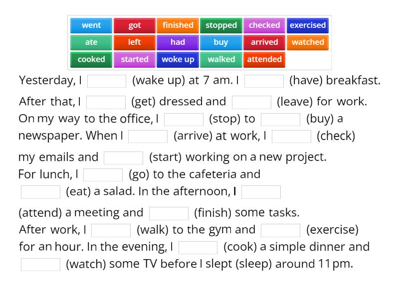Daily routine text Simple Past - Complete the sentence
