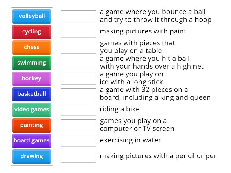 Match hobbies to their definitions - Match up