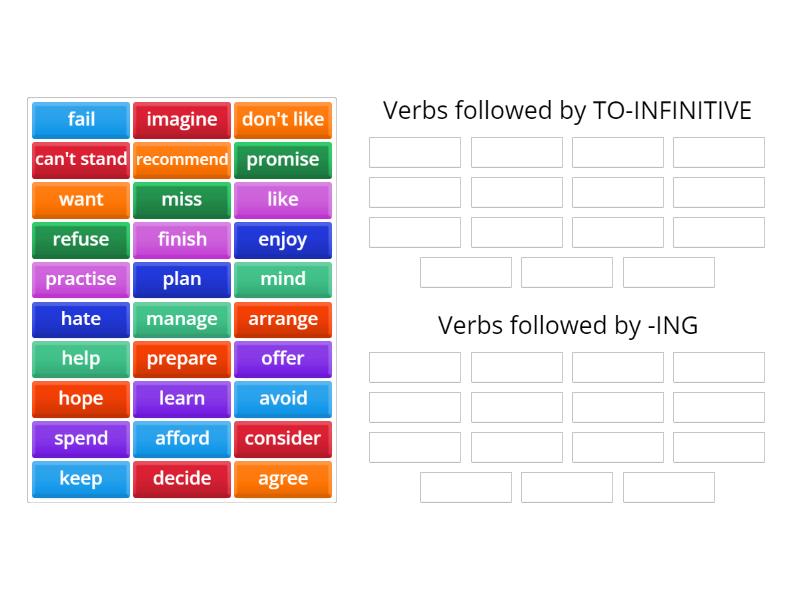 Verbs followed by INF or -ING - Group sort