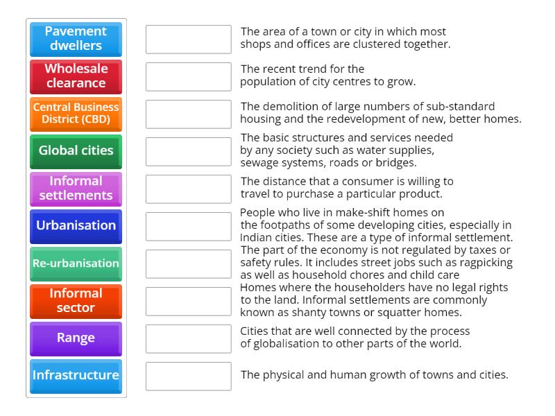 Rural Urban Change Key terms - Match up