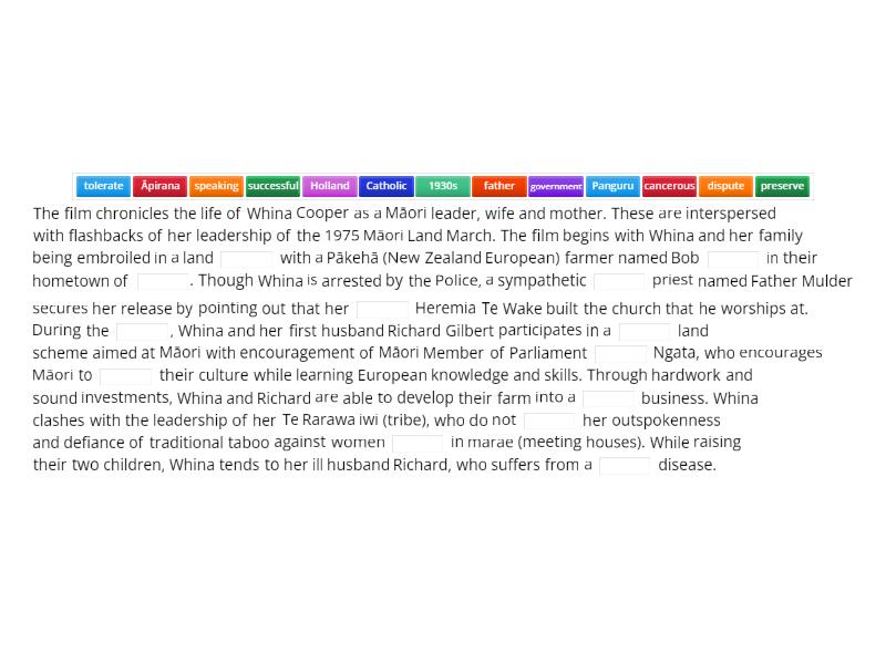 Whina summary cloze activity - Complete the sentence
