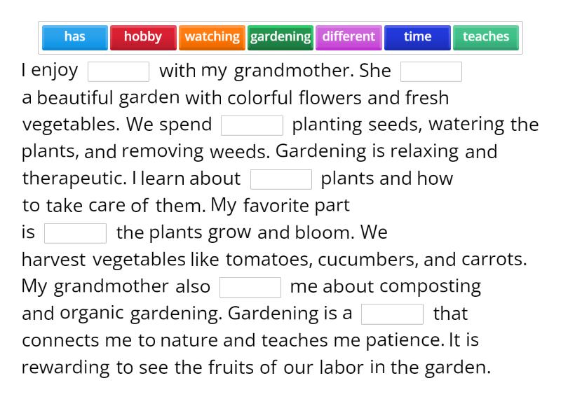 My Experience with Gardening-Reading grade 6 - Complete the sentence