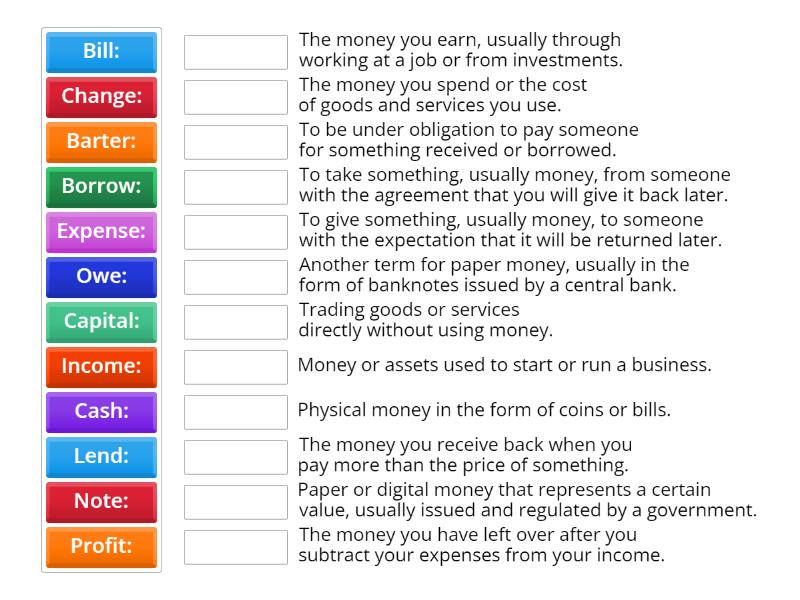 Money Definitions - Match up