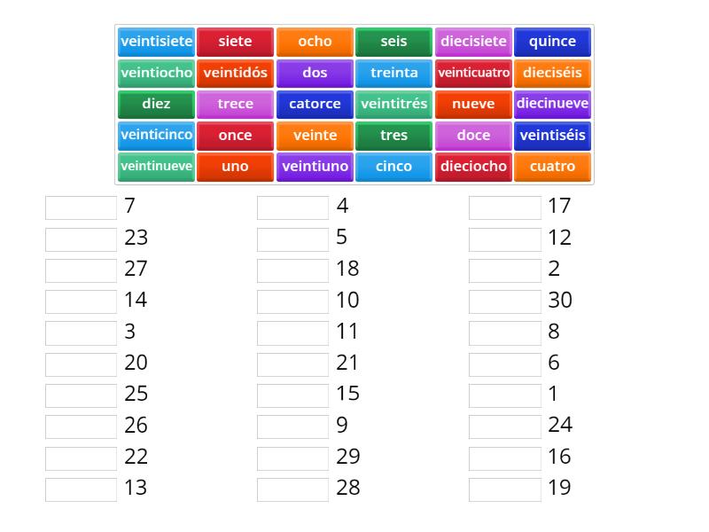 LOS NUMEROS 1-30 - Match up LOS NUMEROS 1-30 - Match up
