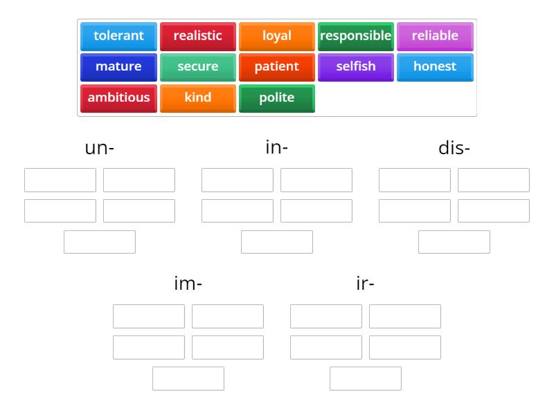 OET Unit 2. prefixes Personality (negative) - Group sort