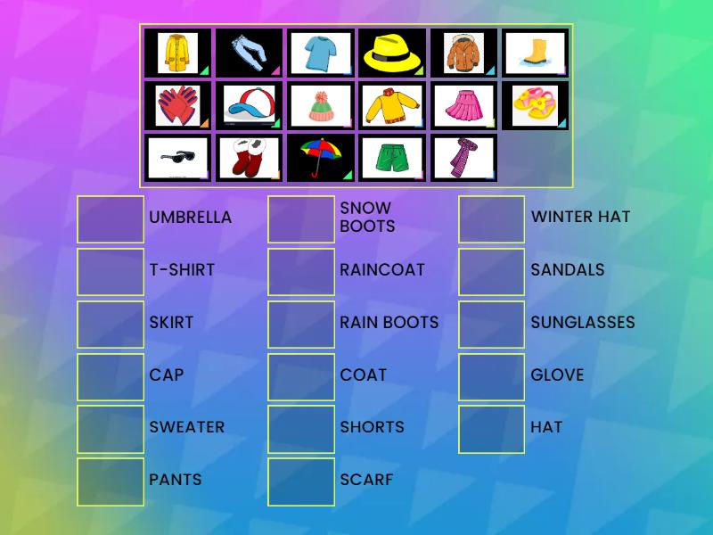 Matching pictures of clothes to their names. - Match up