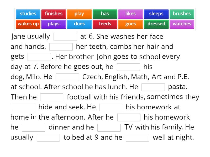 Present simple - daily routine - 3rd person singular - Complete a frase