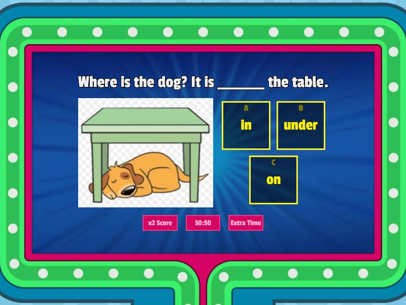 Prepositions in-on-under exam - Game show de TV