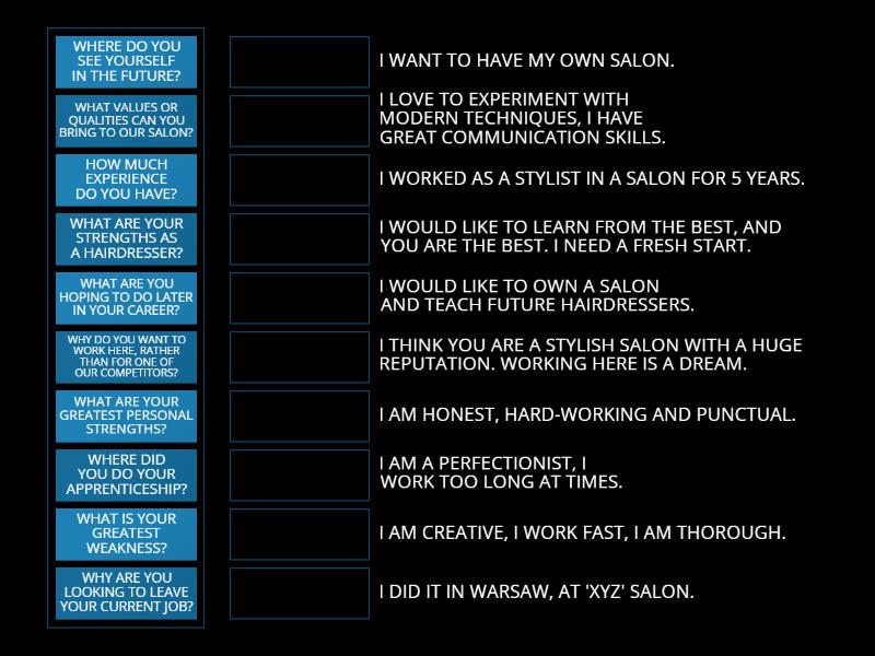 HAIR SALON - JOB INTERVIEW QUESTIONS - Une las parejas