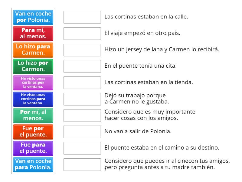 POR/PARA - doble significado - Match up