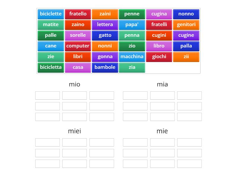 Gli aggettivi possessivi mio/mia/miei/mie - Group sort