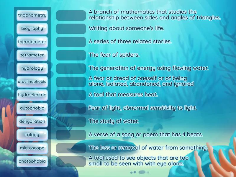 Morphology Vocabulary - hydr(o), phobia - Match up