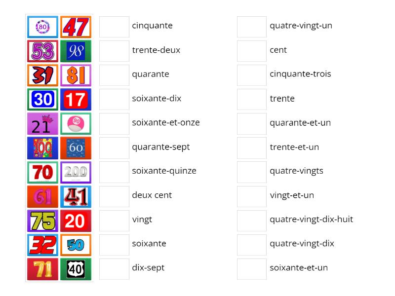 French numbers 10 -100 - Match up