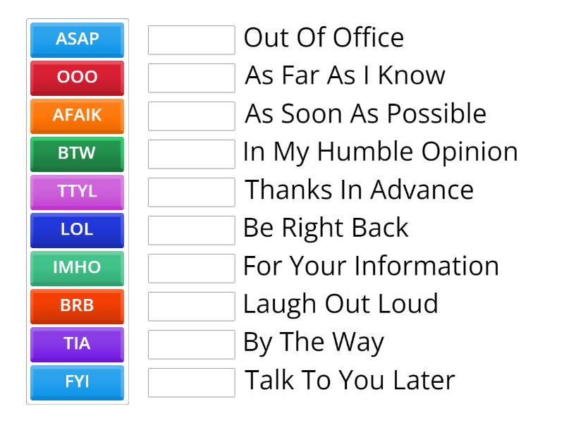 Short forms used in emails - Match up