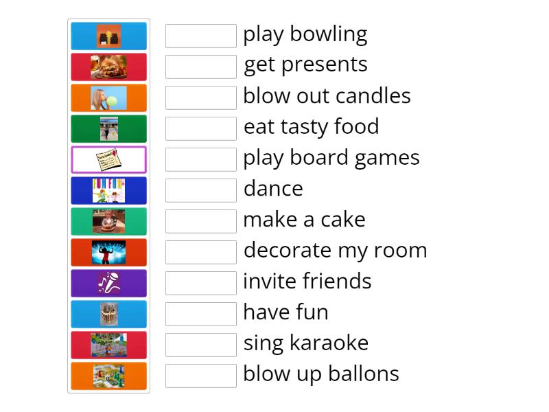 THINGS TO DO AT BIRTHDAY PARTY - Match up