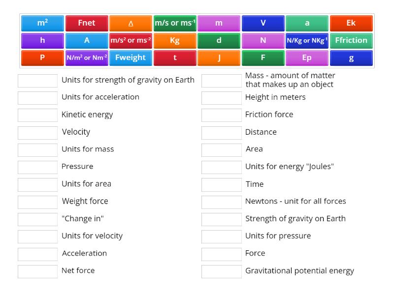 Forces & Motion - Units and Symbols - Match up