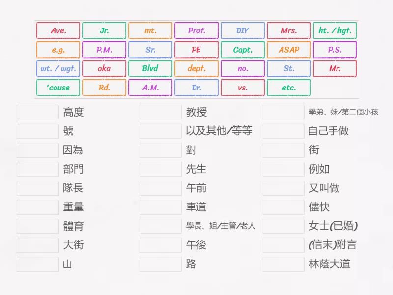 Abbreviations (Meaning) - Match up