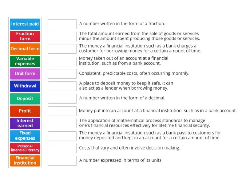 Financial Literacy Vocabulary - Match up