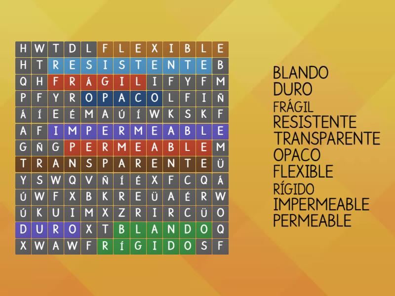 Propiedades de los materiales - Sopa de letras