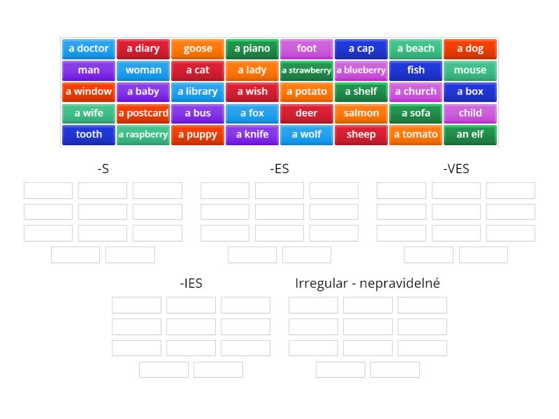 Plural (-s, -es, -ves, -ies) + irregular - Group sort