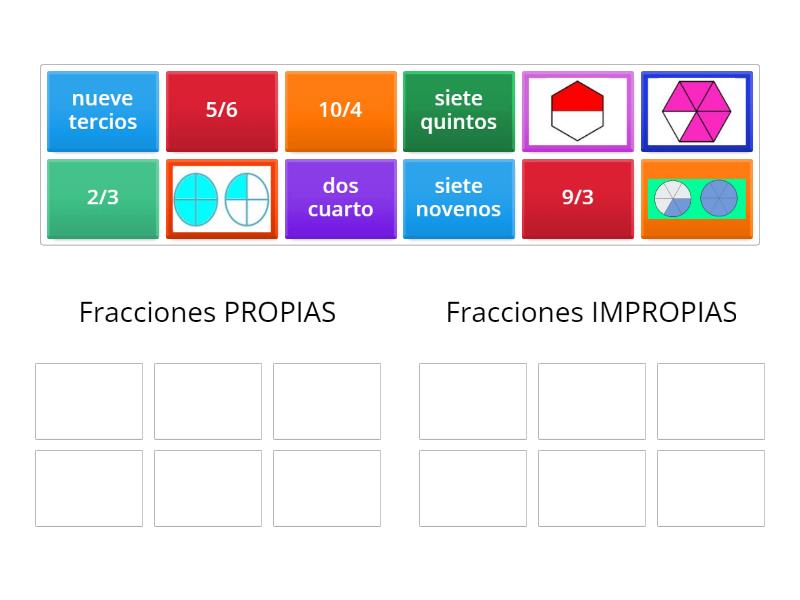 Fracciones propias e impropias - Ordenar por grupo
