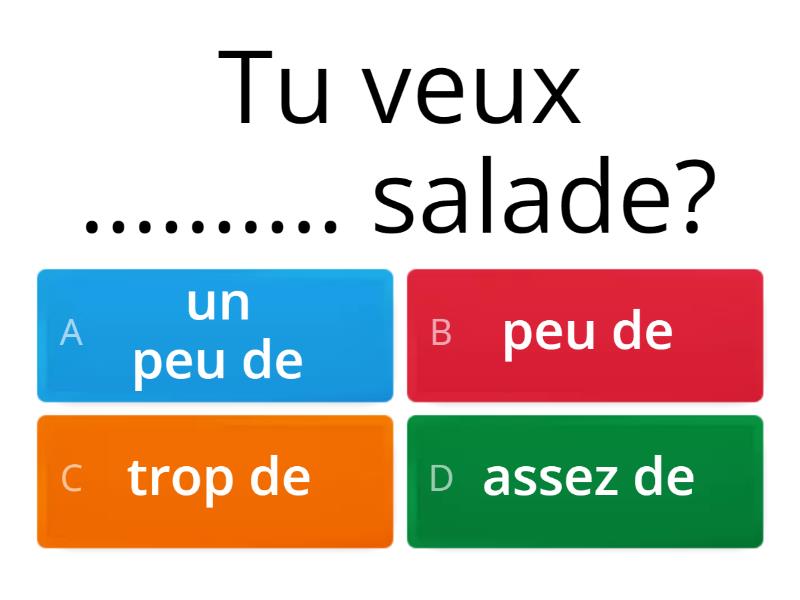 BEAUCOUP DE/PEU DE/ UN PEU DE/ TROP DE/ ASSEZ DE - Quiz