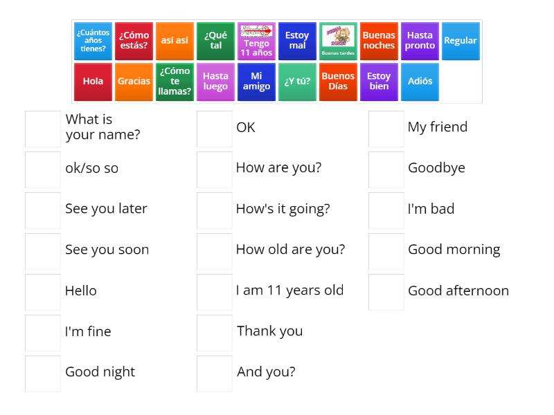 6th Grade Spanish Greetings-los saludos - Match up