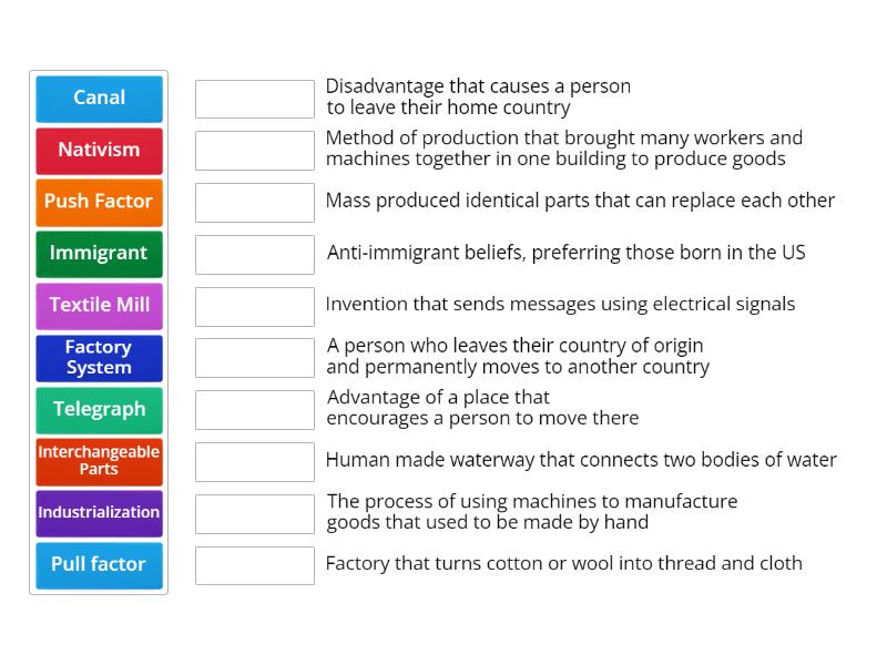 Industrialization and Immigration - Match up