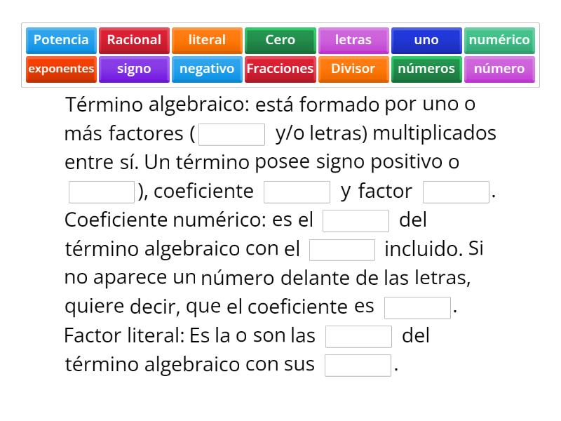 Conceptos básicos de álgebra - Completar la frase