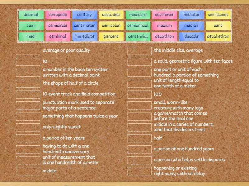medi, semi, cent, deca, deci words - Match up