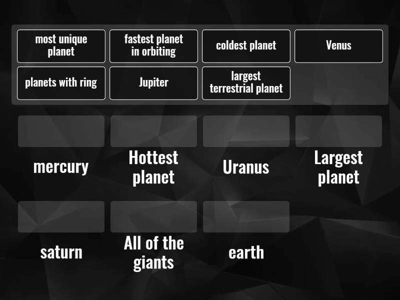 The properties of each planet - Match up