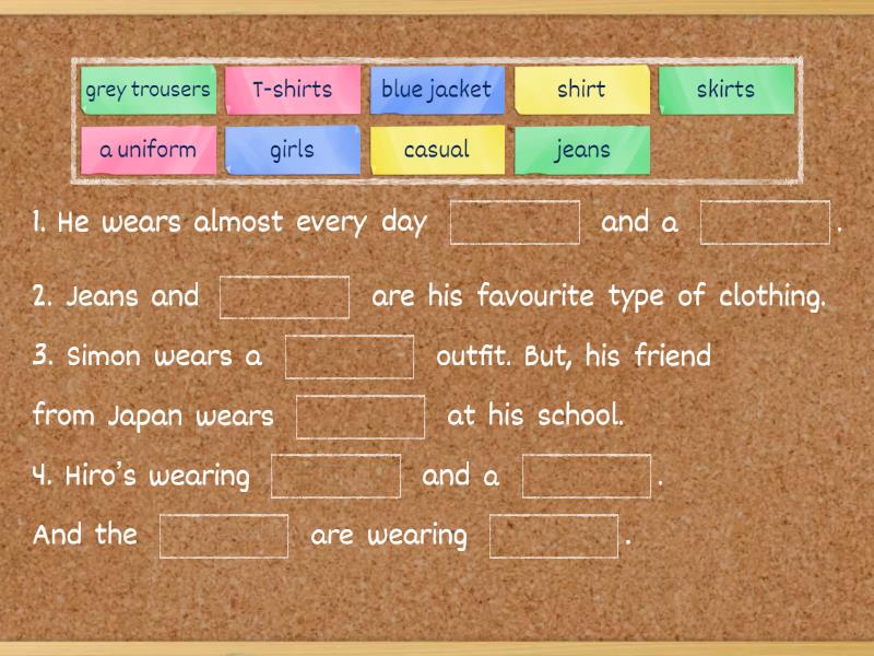 CO- What is Simon wearing to go to school? - Complete the sentence