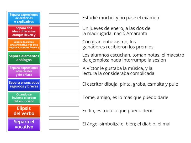 Actividad 2. Los nueve usos de la coma. Relaciona cada proposición con ...