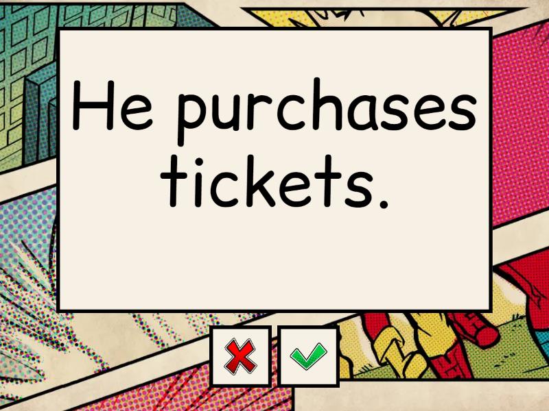 I purchase tickets. to purchase tickets - Flash cards