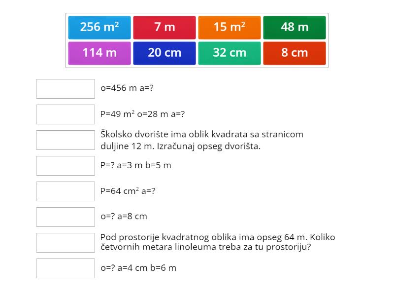 Opseg i površina pravokutnika i kvadrata - Match up