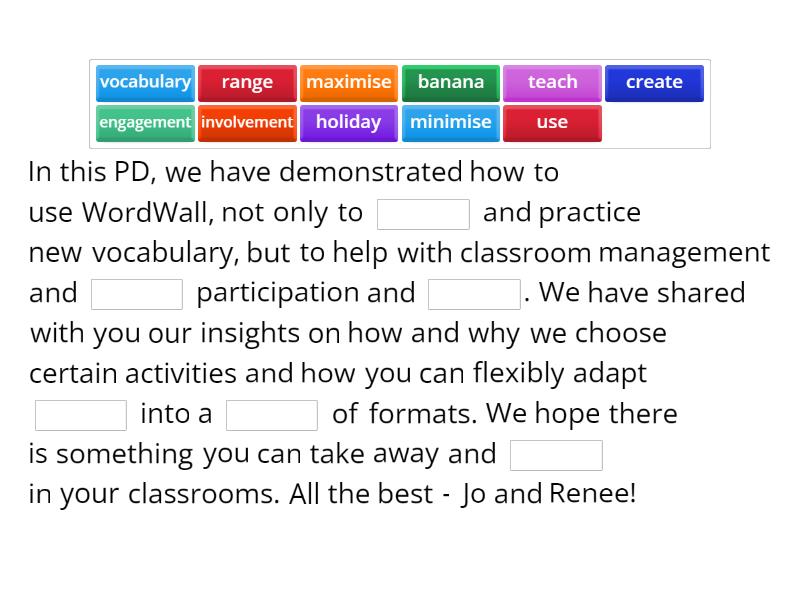 WordWall Whizz PD Cloze Activity - Missing word