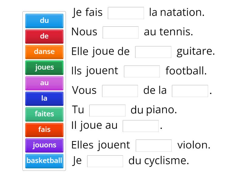 FAIRE DE, JOUER À, JOUER DE - Complete the sentence
