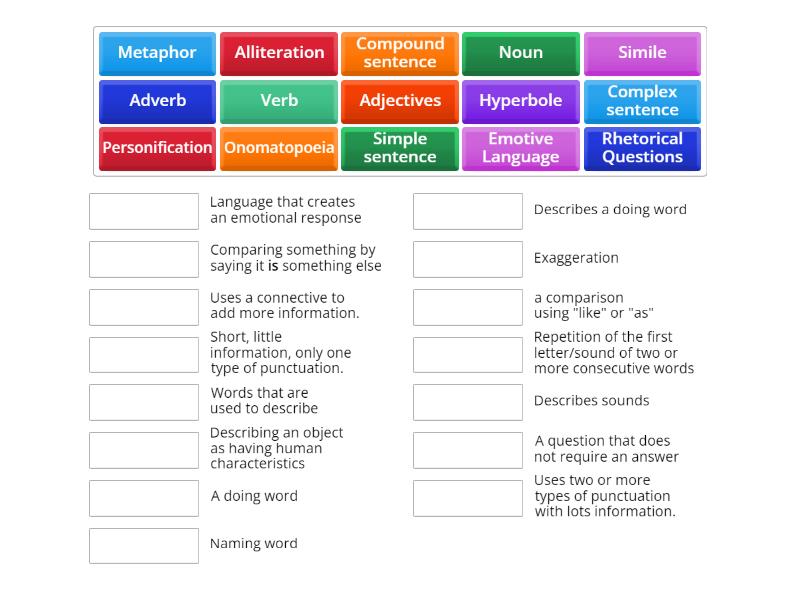 Word types, language techniques and sentence structures - Match up