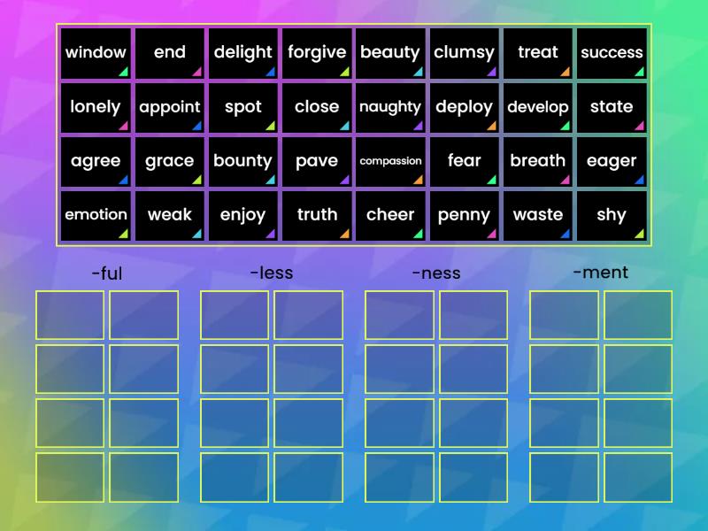 Suffixes -ful, -less, -ness, -ment - Group sort
