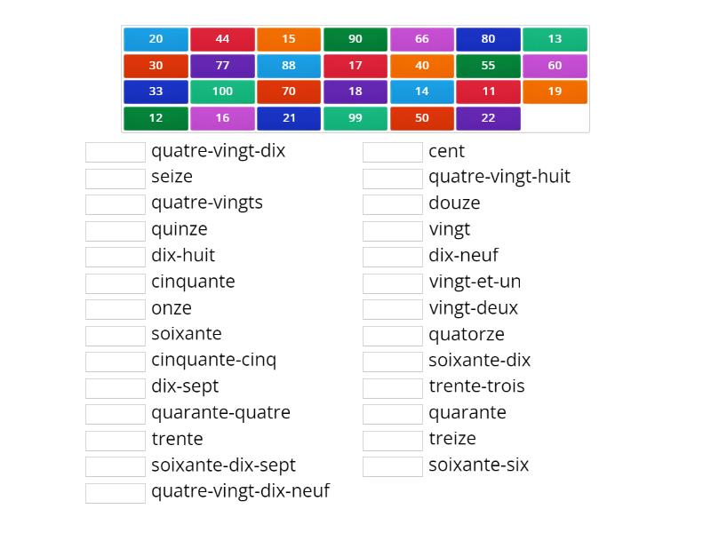 numbers 11-100 (French) - Match up