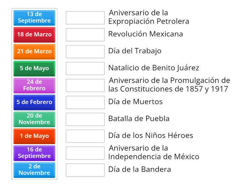 Fechas importantes de México - Une las parejas