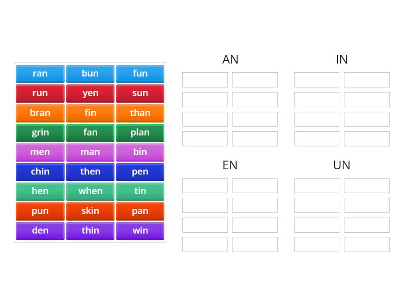 Mixed vowel word families AN IN EN UN - Group sort